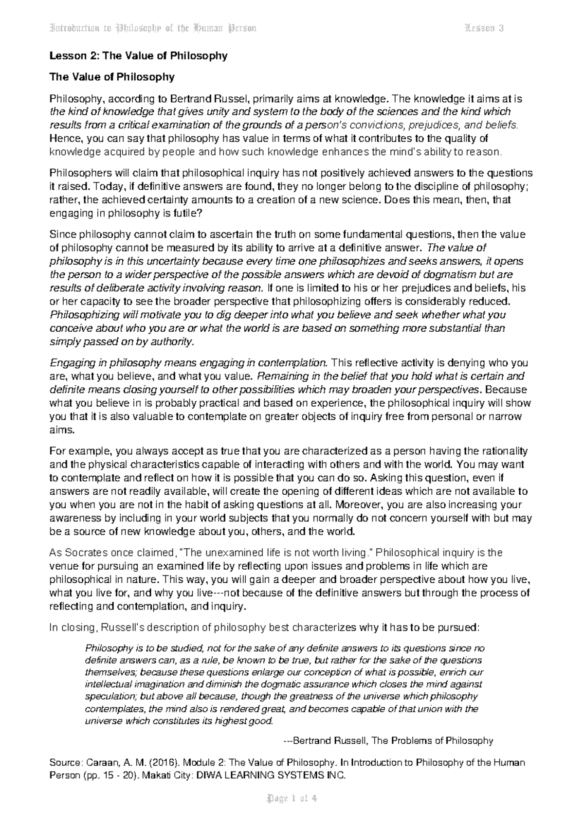 Lesson 2 and 3 The Value of Philosophy and Its Methods - Lesson 2: The ...