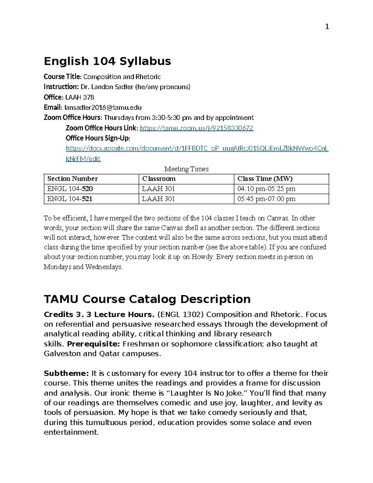 TAMU ENGL 104 Syllabus: Composition & Rhetoric Course Details - Studocu