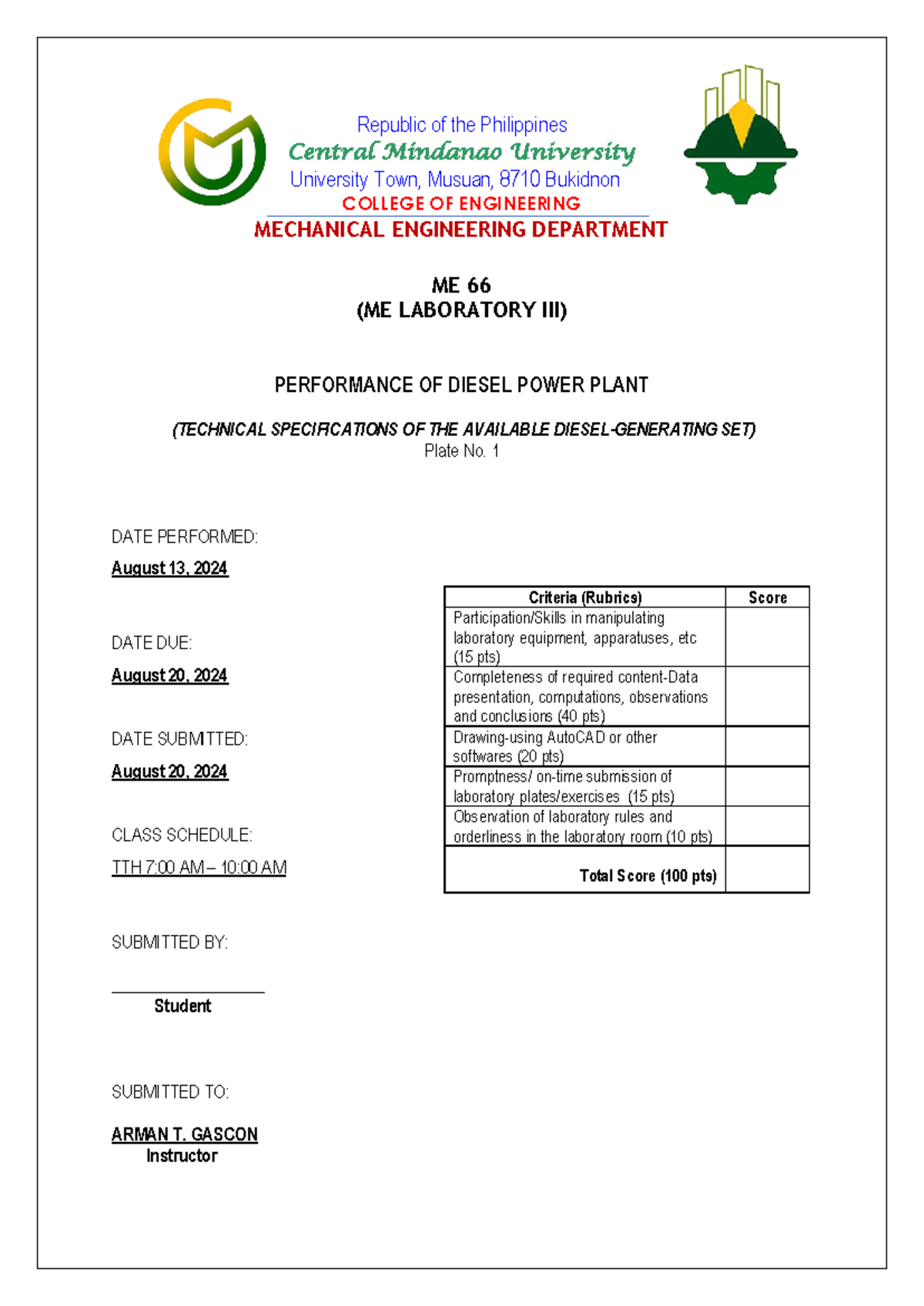 ME 66: Diesel Power Plant Performance Lab Report - Studocu