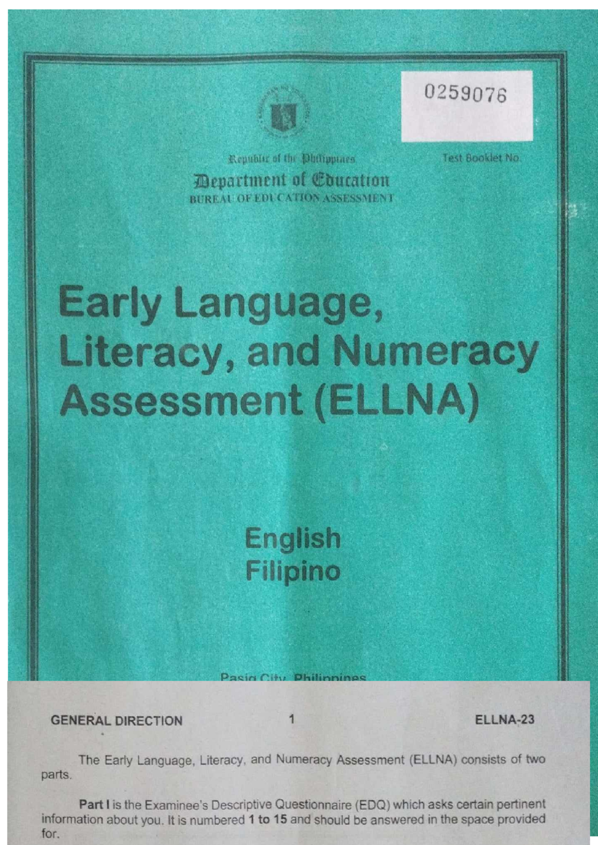 ELLNA-23 Early Language, Literacy, and Numeracy Assessment Test Booklet ...