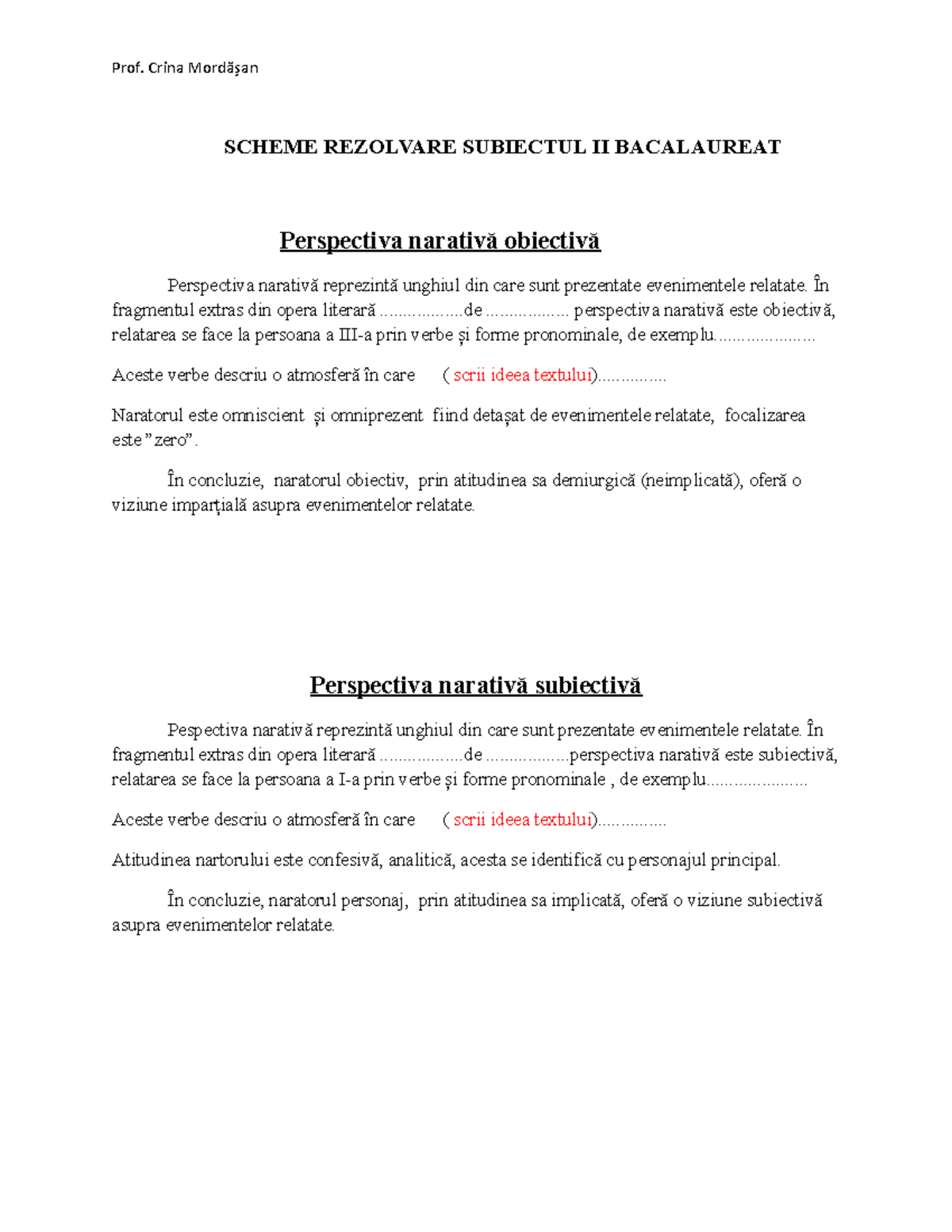 Scheme rezolvare Subiect II Bacalaureat - Perspectiva narativă și ...