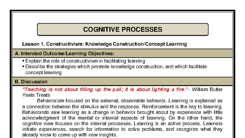 COGNITIVE PROCESSES Lesson 1 & 2: Constructivism & Transfer of Learning - Studocu
