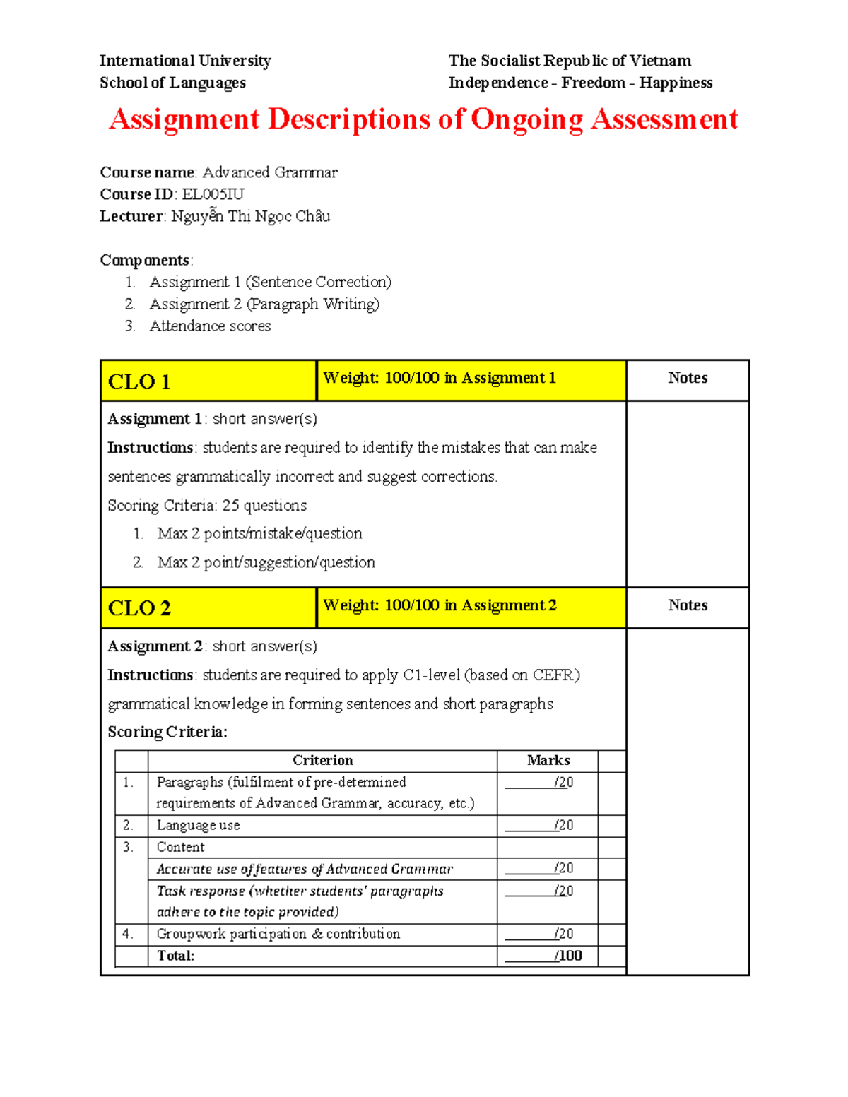 EL005IU - Advanced Grammar Assignment Descriptions - Studocu