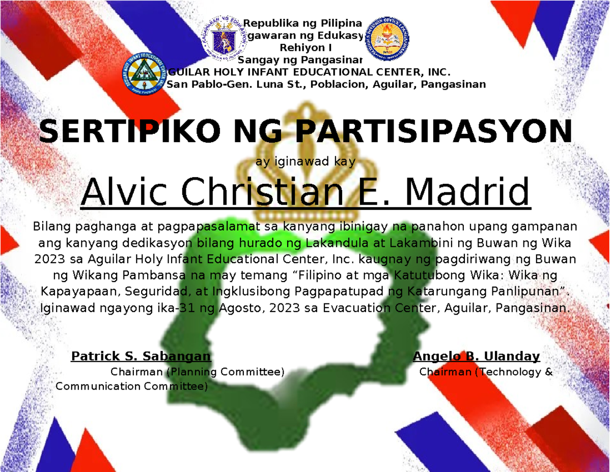 Sertipiko ng Partisipasyon - Alvic Christian E. Madrid - Studocu