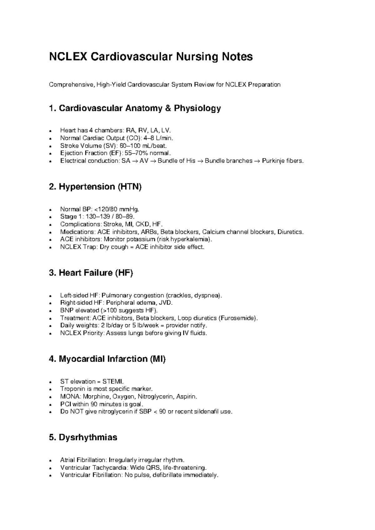 NCLEX Cardiovascular Nursing Notes: Comprehensive Review Guide - Studocu