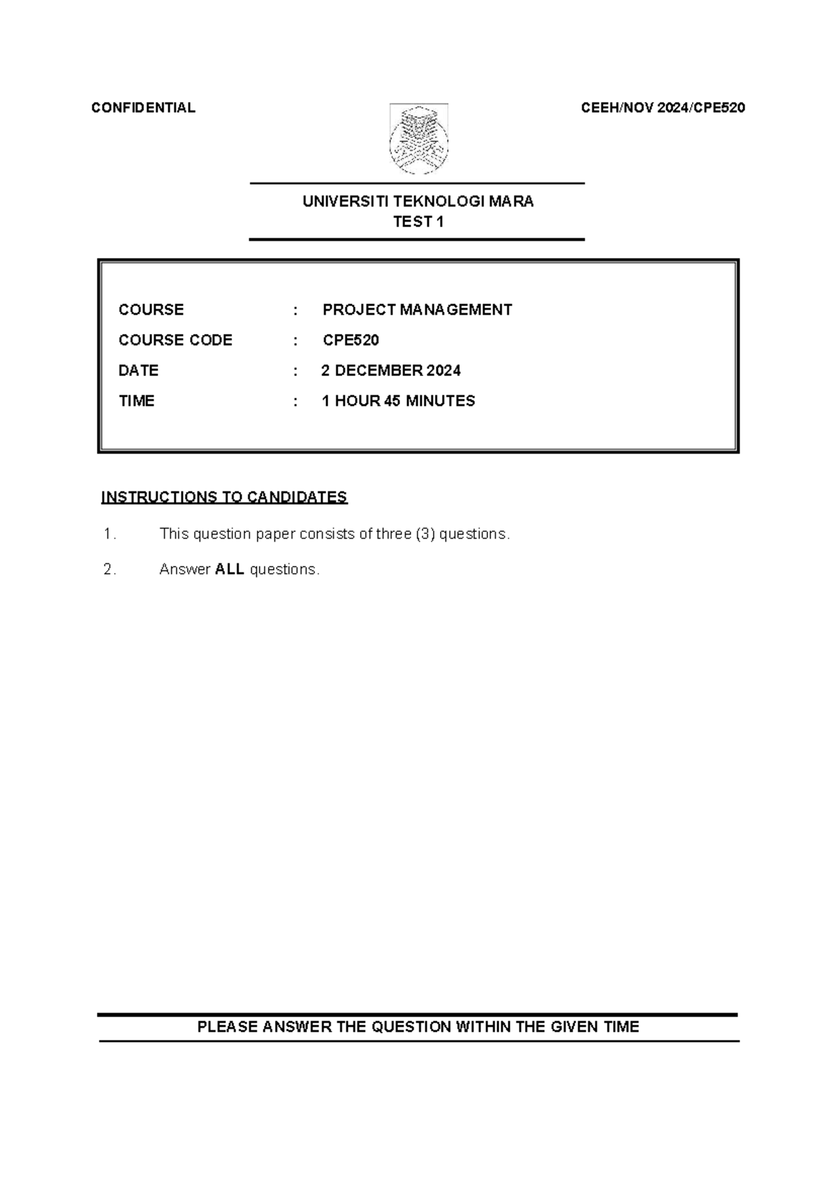 TEST 1 CPE520 2024 - Project Management Exam Questions and Analysis ...