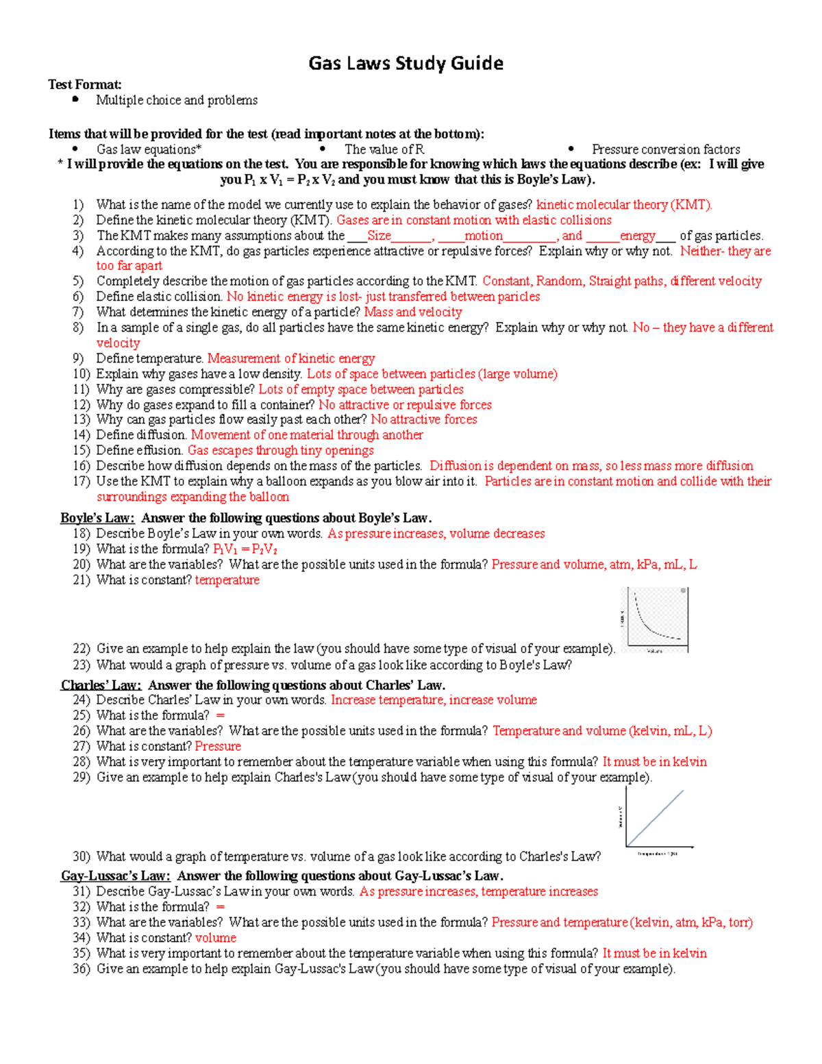 Gas Laws study guide Key - Gas Laws Study Guide Test Format: Multiple ...