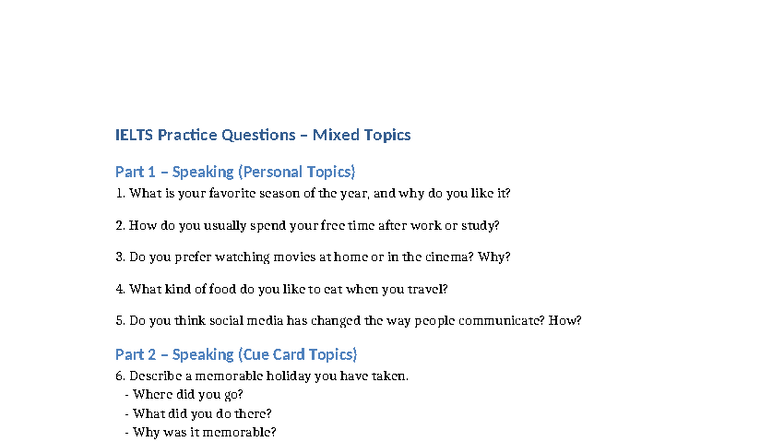 IELTS Practice Questions: Mixed Topics for Speaking & Writing - Studocu
