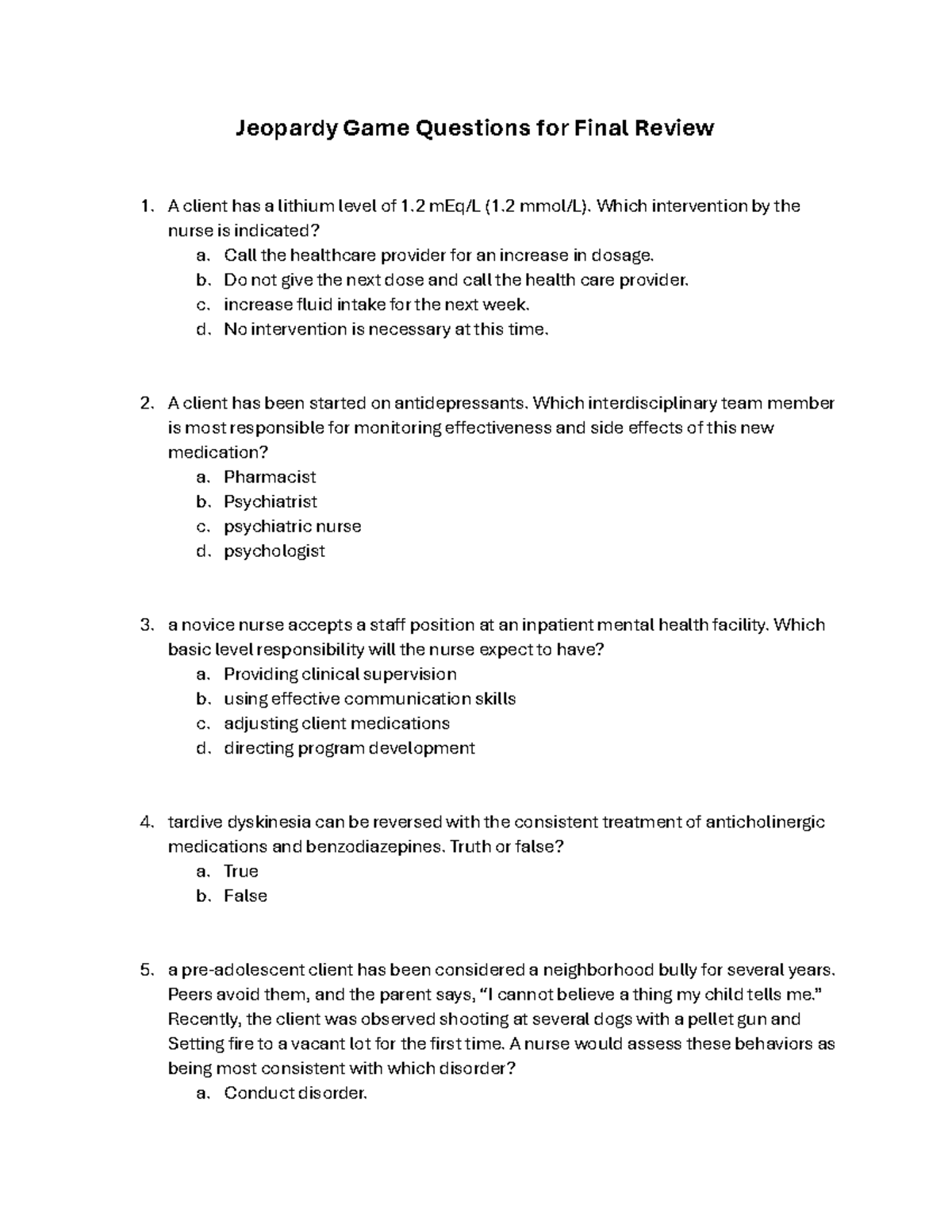 NUR-410 Jeopardy Questions for Final Exam Review Guide - Studocu