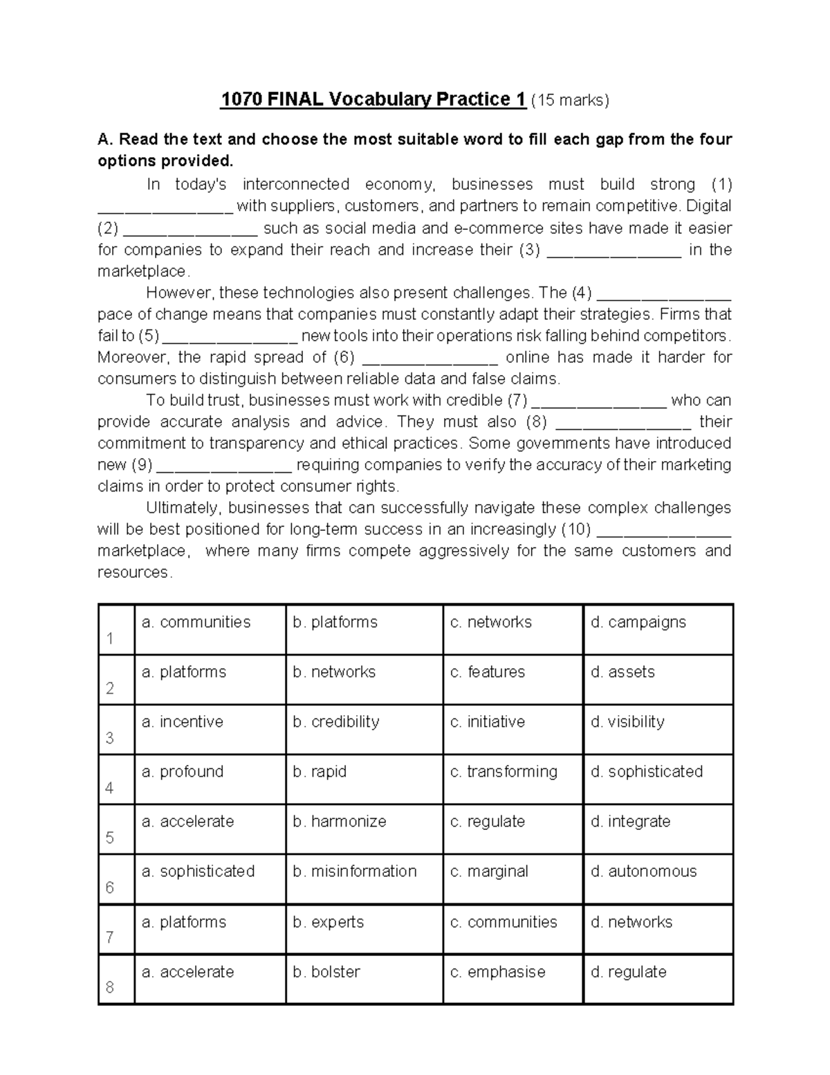 1070 FINAL Vocabulary Practice 1 - Fill in the Gaps Exercise - Studocu