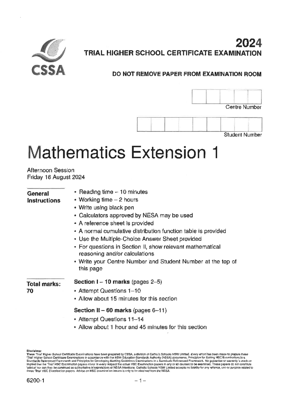 2024 12ME1 CSSA Mathematics Extension 1 Trial Exam Paper - Studocu