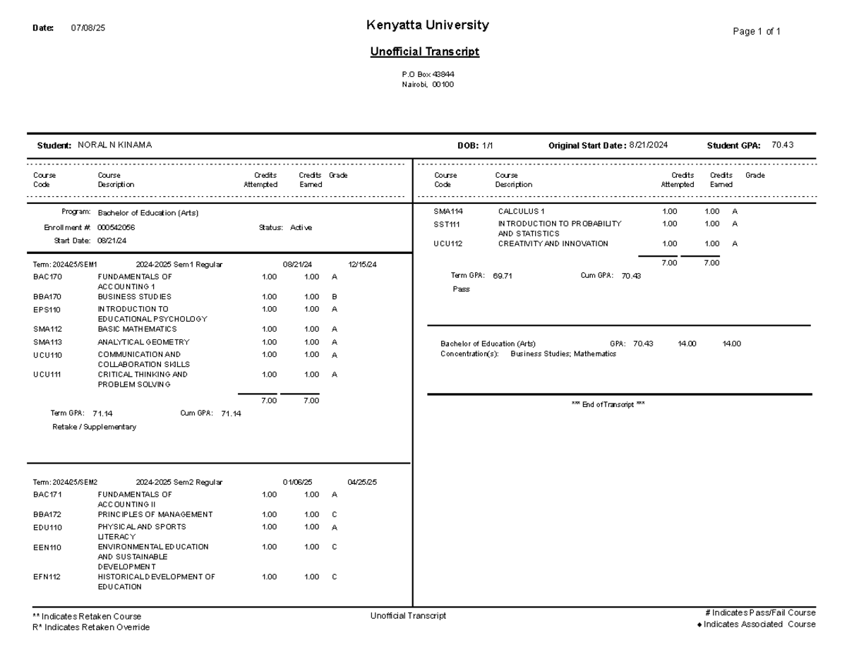 Kenyatta University Unofficial Transcript - Bachelor of Education (Arts ...