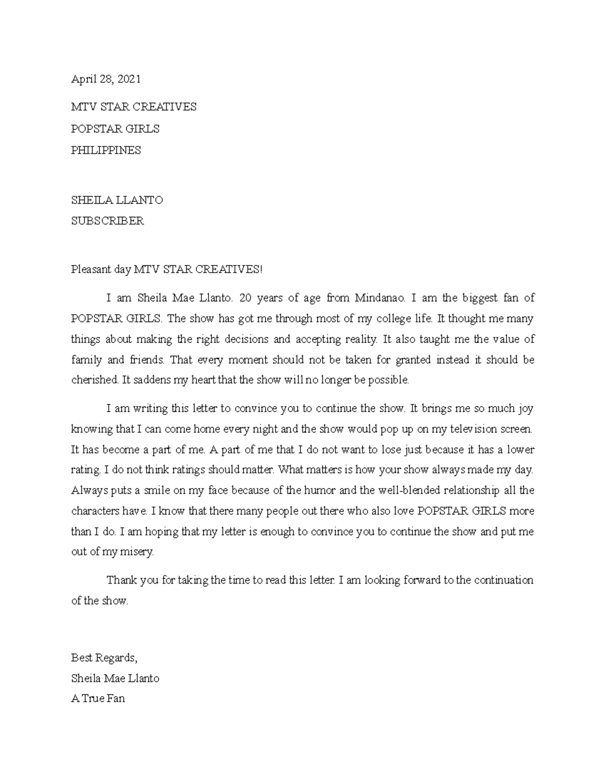 Example of a FAN Letter - Grade: 2.75 - April 28, 2021 MTV STAR ...