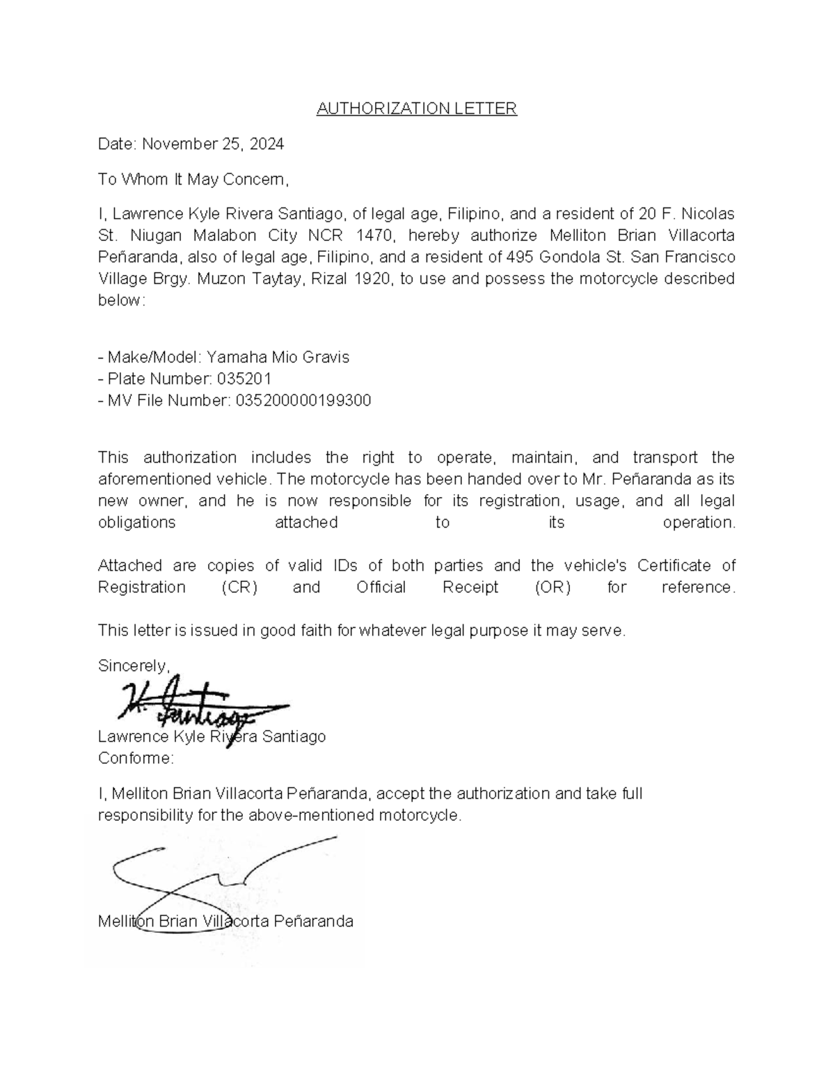 Authorization Letter for Yamaha Mio Gravis Ownership Transfer - Studocu