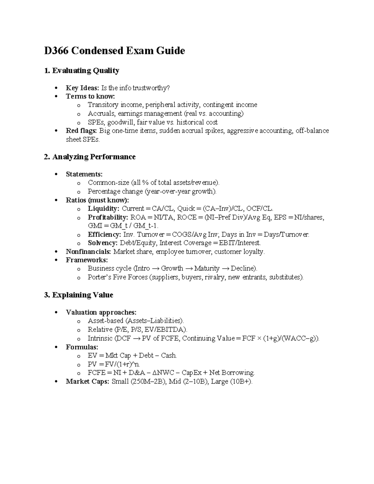 D366 Final Exam Study Guide: Key Concepts & Valuation Metrics - Studocu