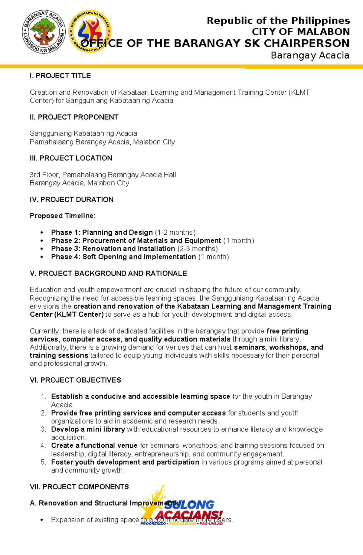 Project Proposal: Creation & Renovation of KLMT Center for SK Acacia ...
