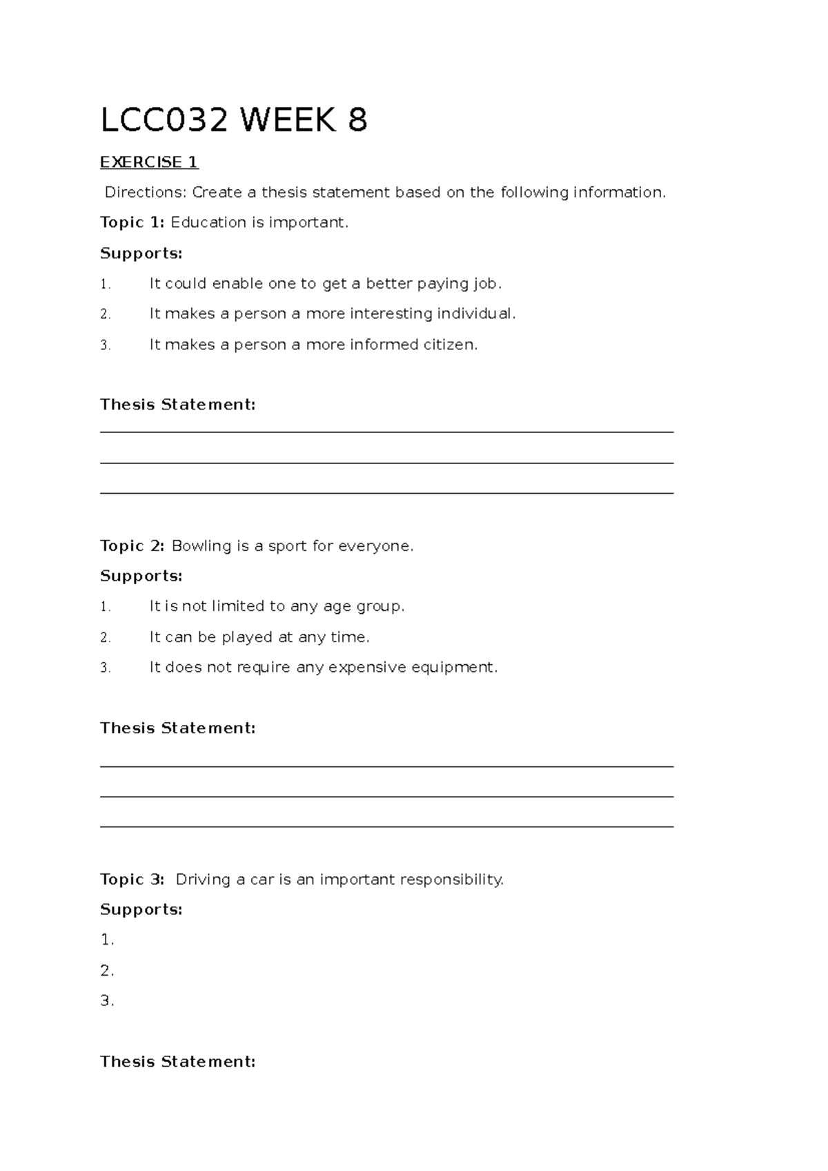 WEEK 8 LCC032 - Thesis Statements and Paragraph Structure Exercises ...