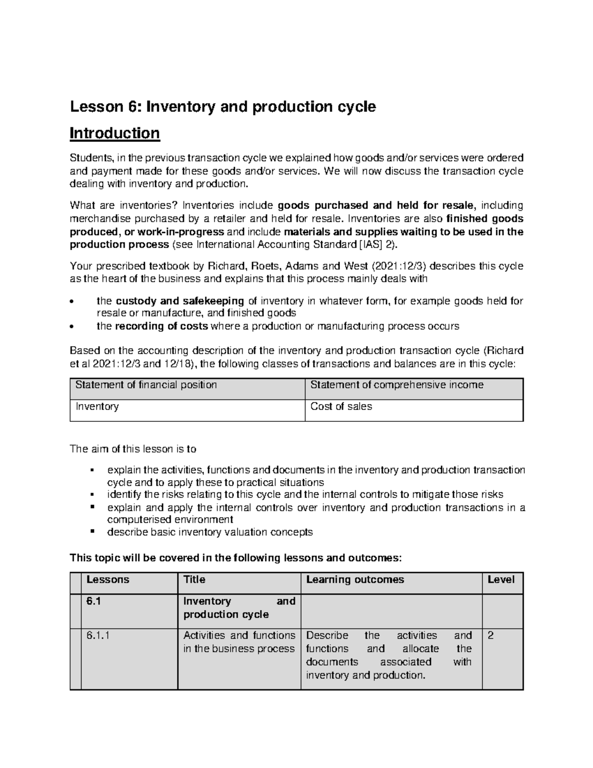AUE2602 Lesson 6: Inventory and Production Cycle Overview - Studocu