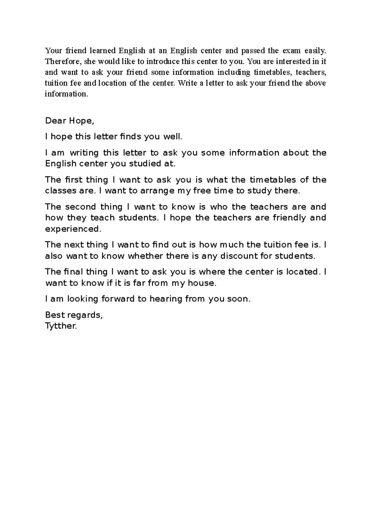 Letter to Friend: Inquiry About English Center Details - Studocu