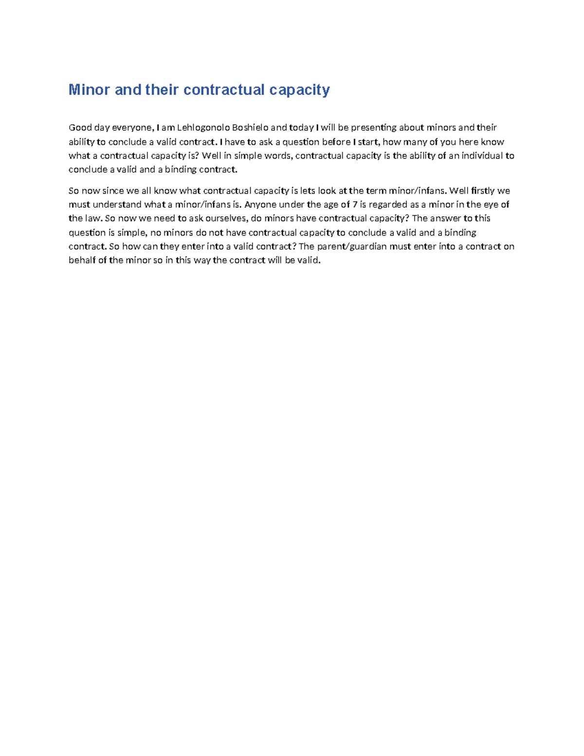 Contractual Capacity of Minors: Understanding Legal Limitations - Studocu