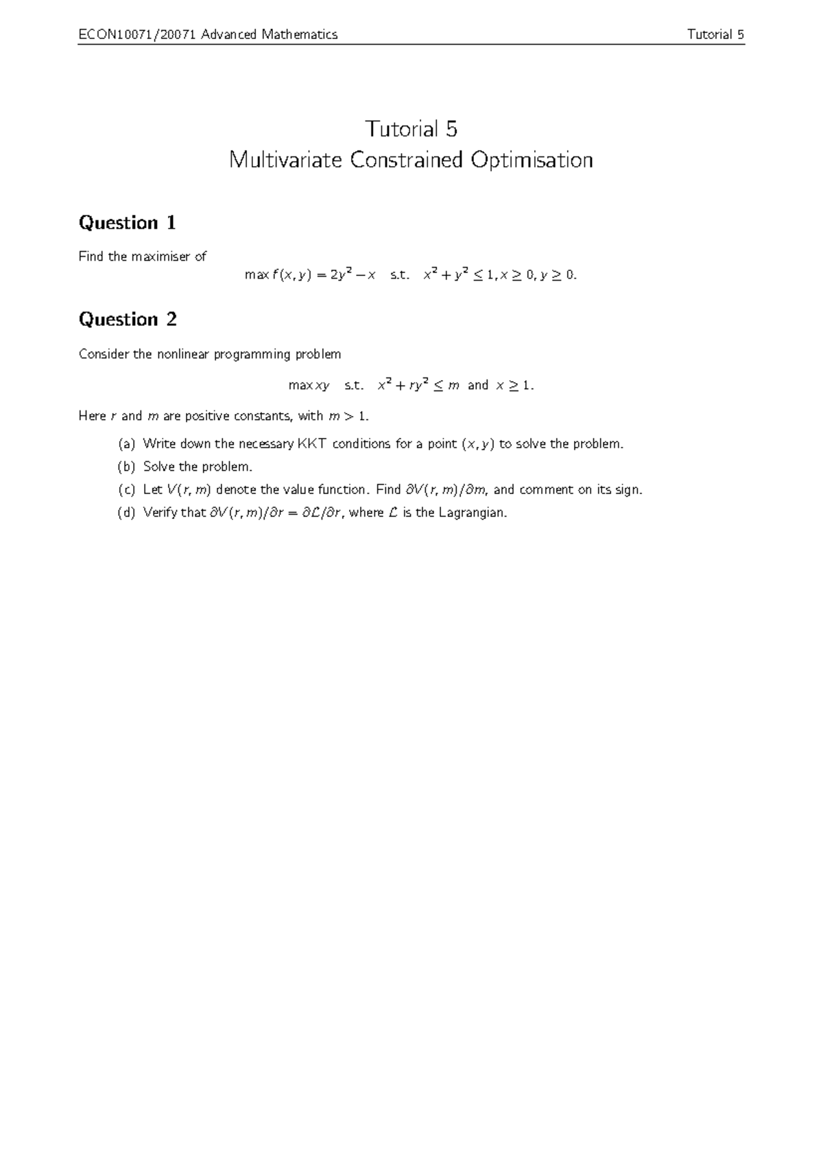 Advanced Mathematics 2023-24: Tutorial 5 on Multivariate Optimization ...