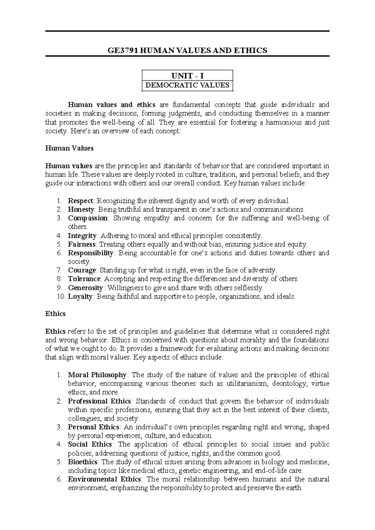 GE3791 - UNIT - I - GE3791 HUMAN VALUES AND ETHICS UNIT - I DEMOCRATIC ...