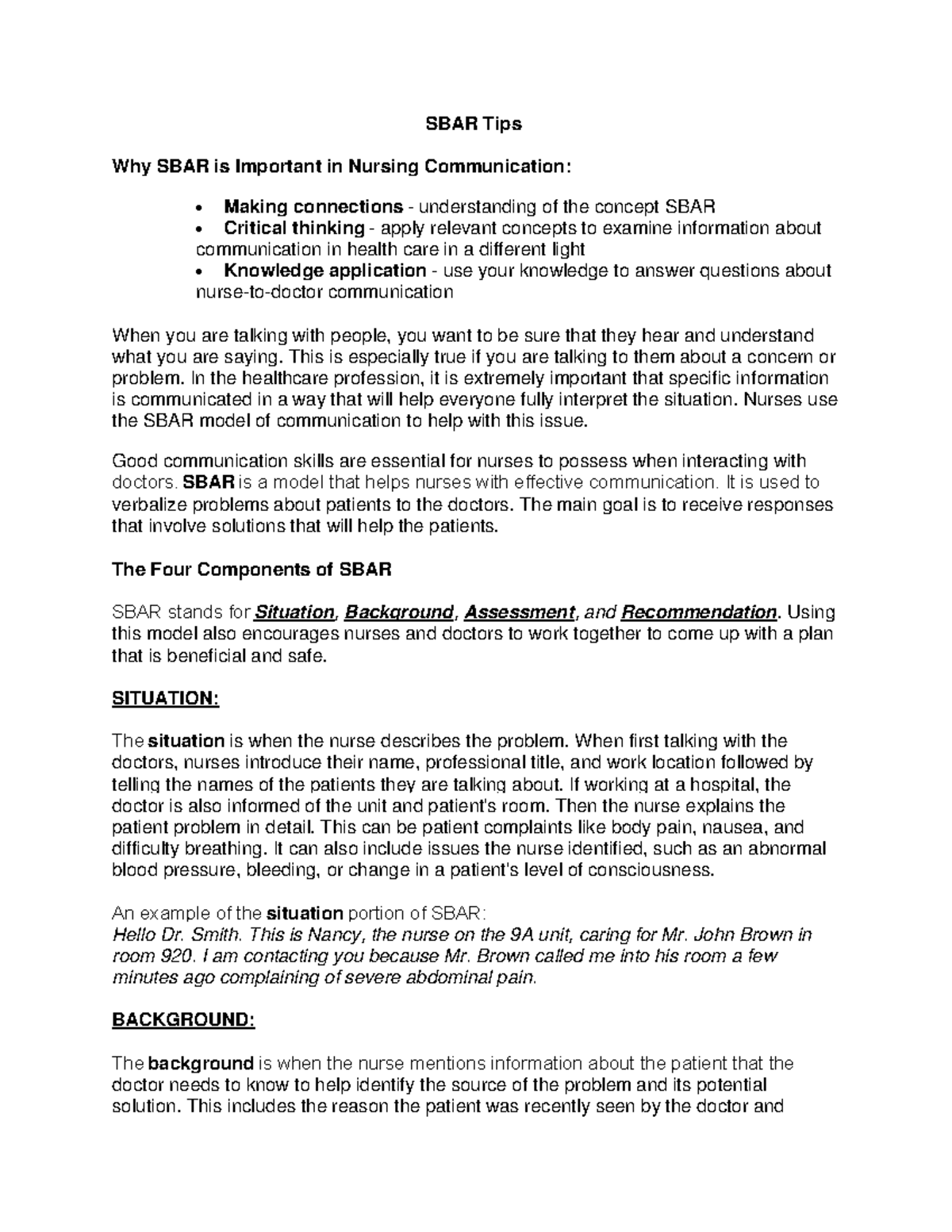 Nursing Communication Guide: Effective SBAR Techniques for Care - Studocu