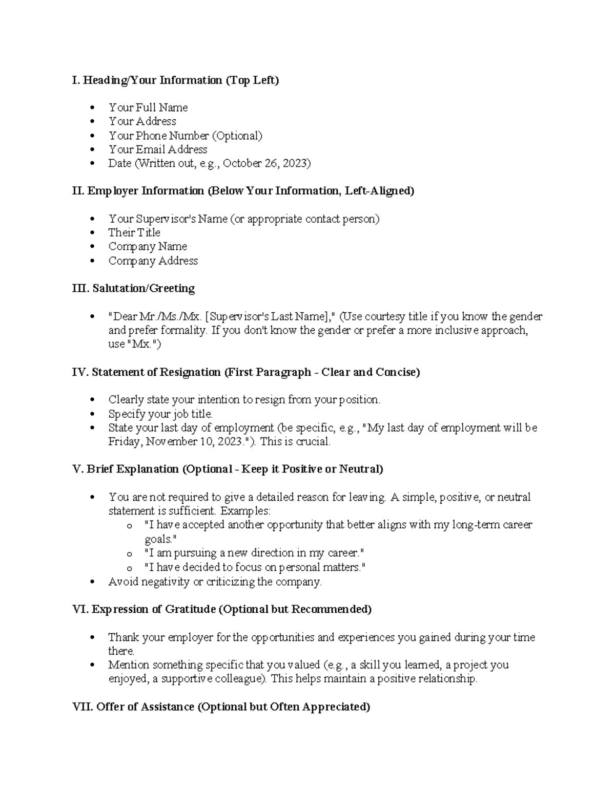 Resign letter outline - I. Heading/Your Information (Top Left) Your ...