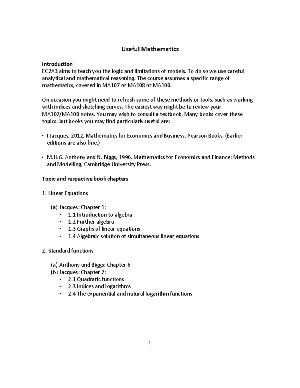 EC2A3 Mathematics Reading List - 1 Useful Mathematics Introduction ...