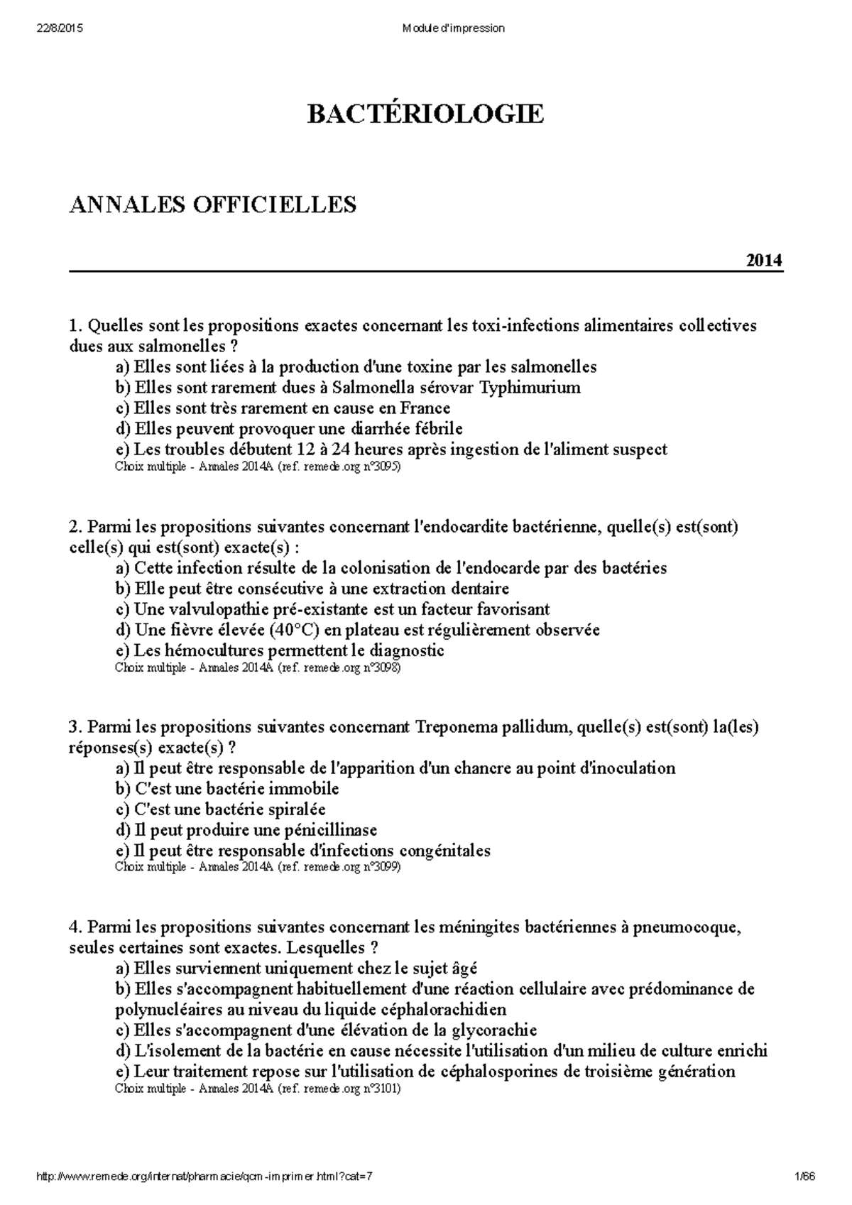 Bactériologie QCM - Annales Officielles 2014-2012 - Studocu