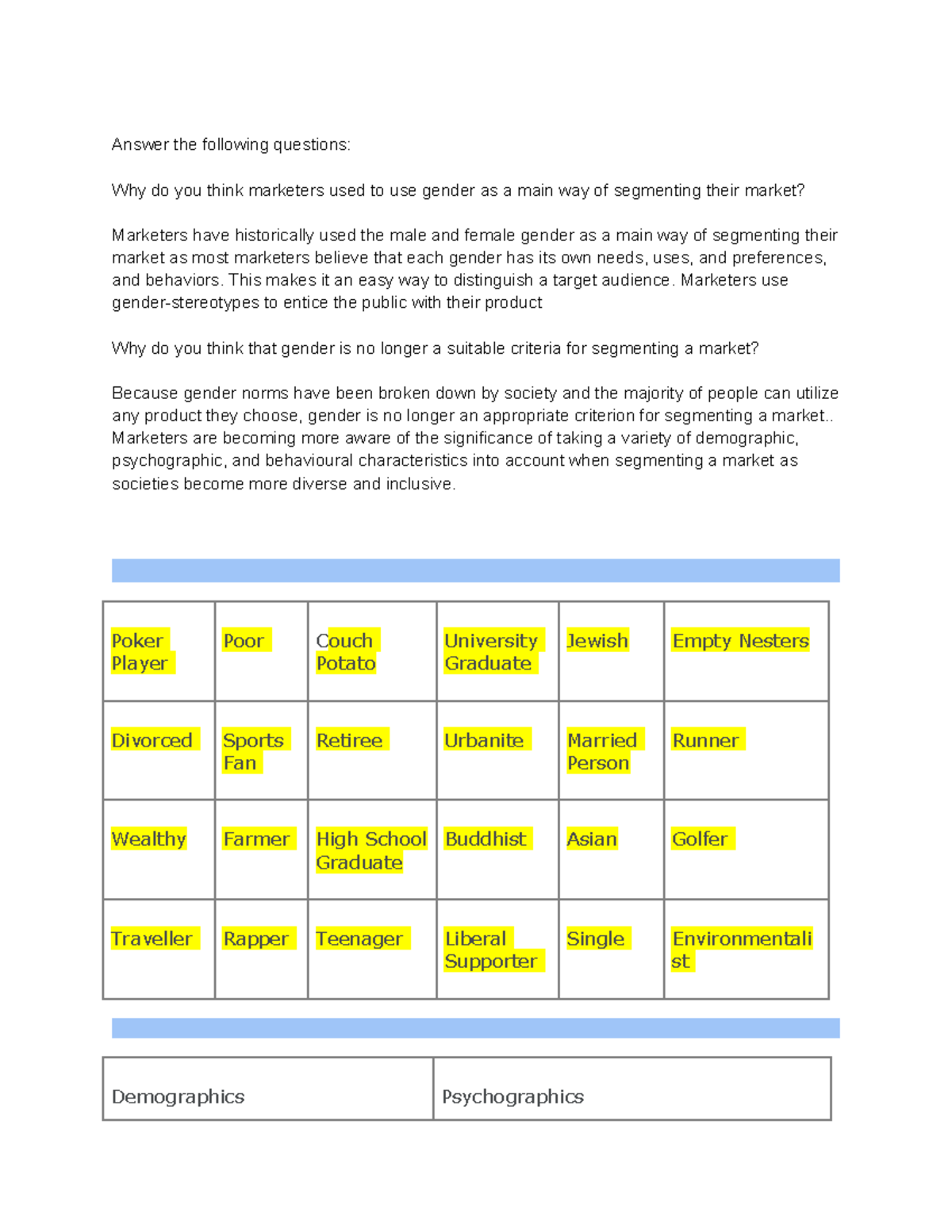 Marketing Segmentation - Answer the following questions: Why do you ...