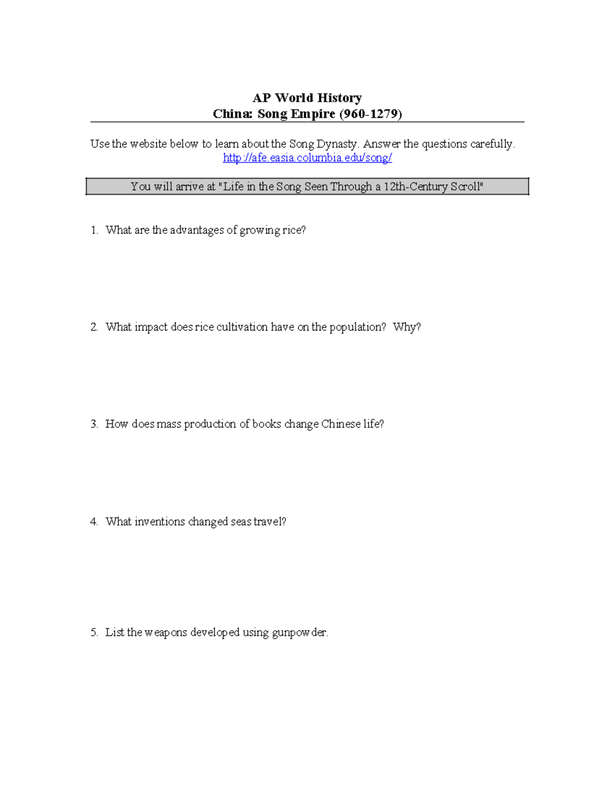 Song Dynasty Webquest - final copy - AP World History China: Song ...