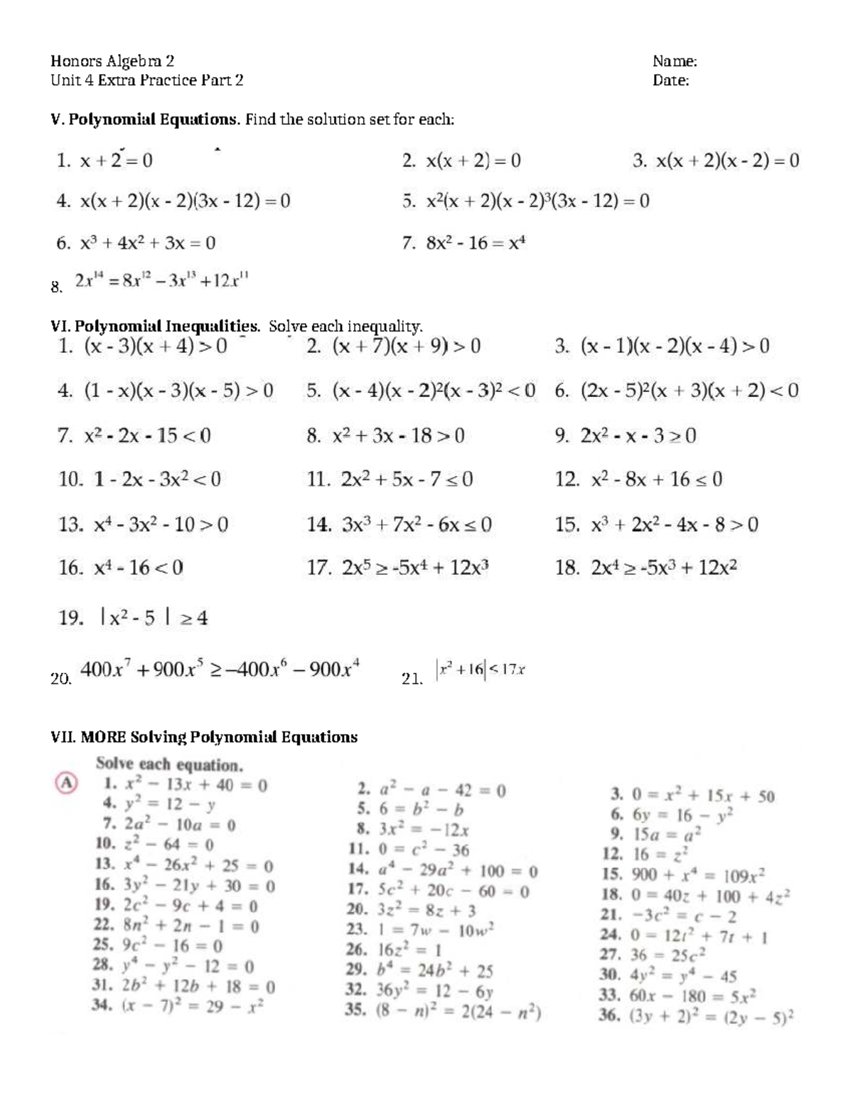 HA2 U4Extra Practice Part 2 - MATH 1A - Honors Algebra 2 Name: Unit 4 ...