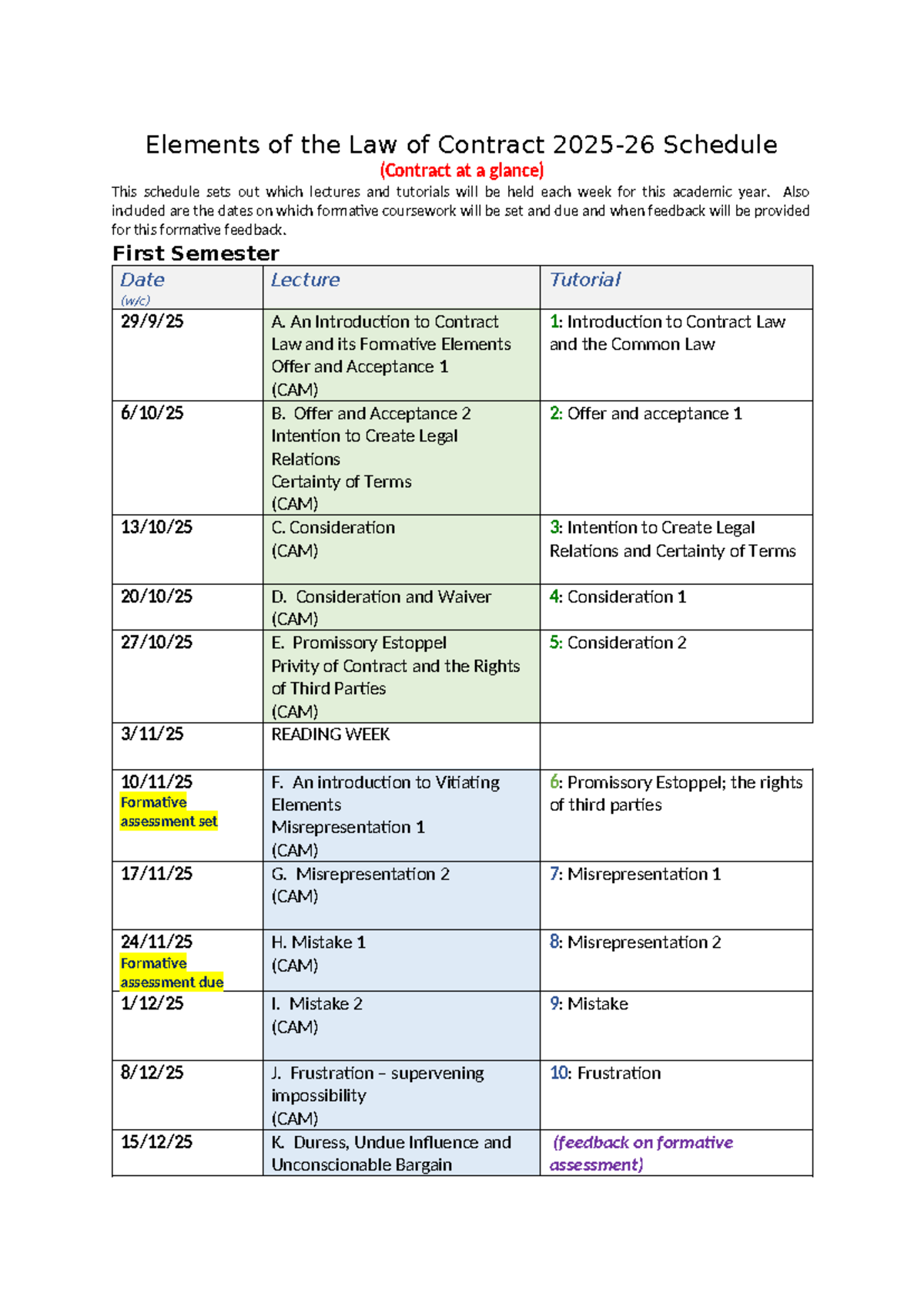 Schedule of Lectures and Tutorials for Law of Contract (2025-26) - Studocu