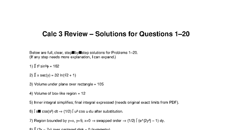 Calc 3 Review: Solutions for Sample Questions and Problems - Studocu