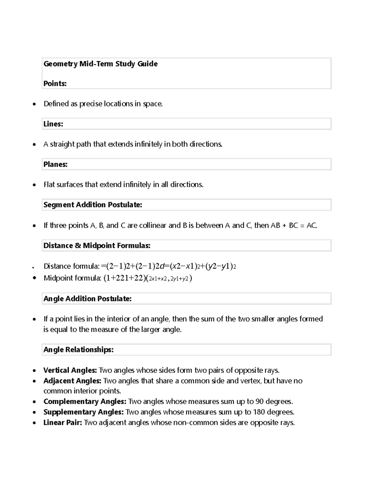 Geometry Study Guide 2nd Semester - Geometry Mid-Term Study Guide ...