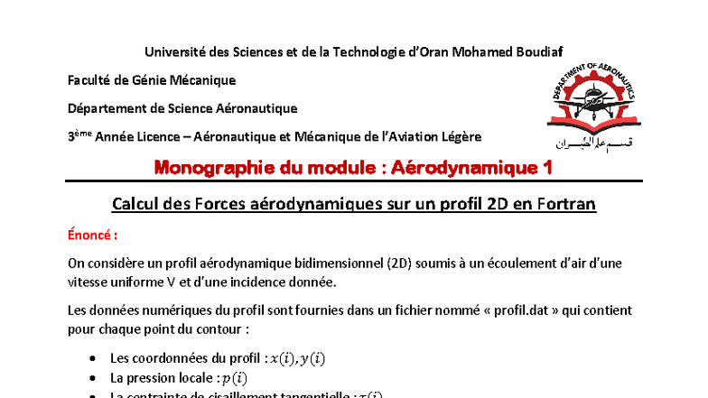 Monographie Aérodynamique 1 L3 Aéronautique - Calculs Fortran - Studocu