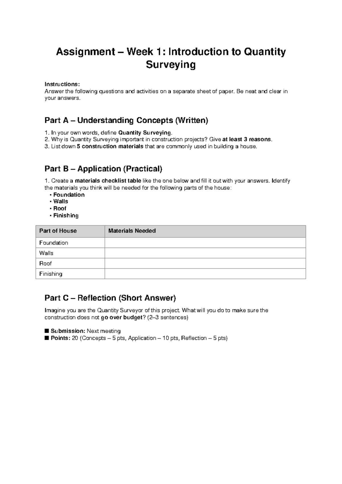 Assignment Wk 1: Intro to Quantity Surveying & Key Concepts - Studocu