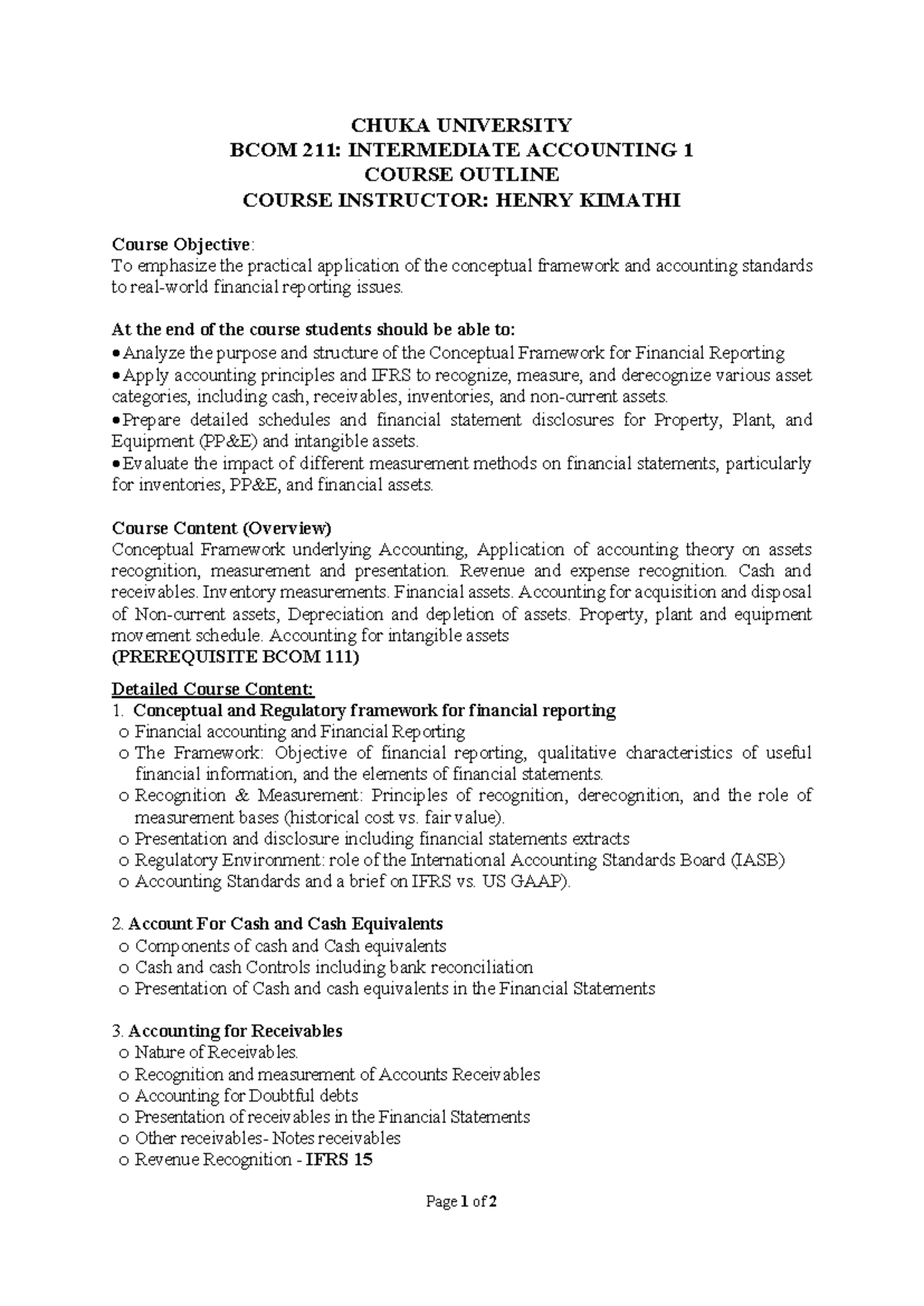 BCOM 211: Intermediate Accounting 1 Course Outline & Objectives - Studocu