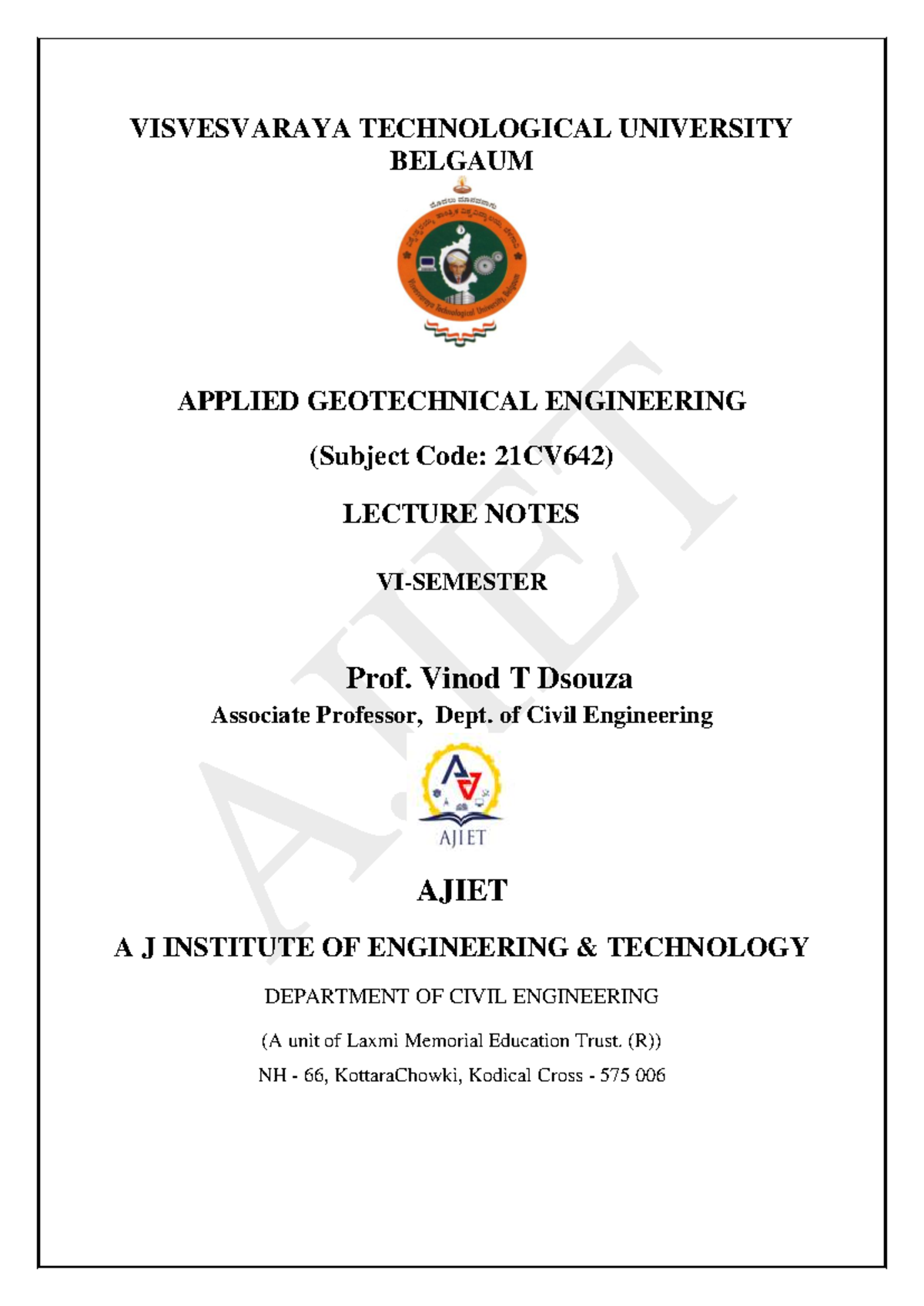 21CV642 APPLIED GEOTECHNICAL ENGINEERING - Lecture Notes - Studocu