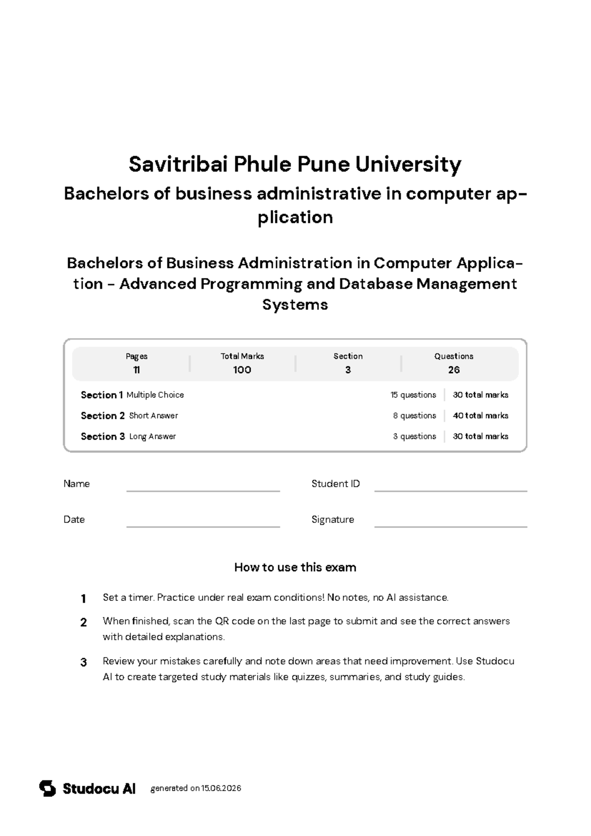 BBA in Computer Application - Advanced Programming Exam - Studocu