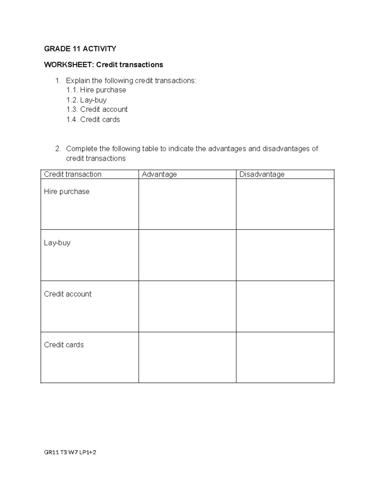 GR11 T3 W7 LP1+2 WS - grade 11 learners notes to revise consumer ...