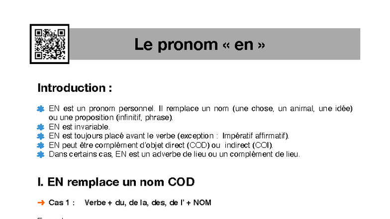 Le pronom "EN" : Leçon et Exercices (Français) - Studocu