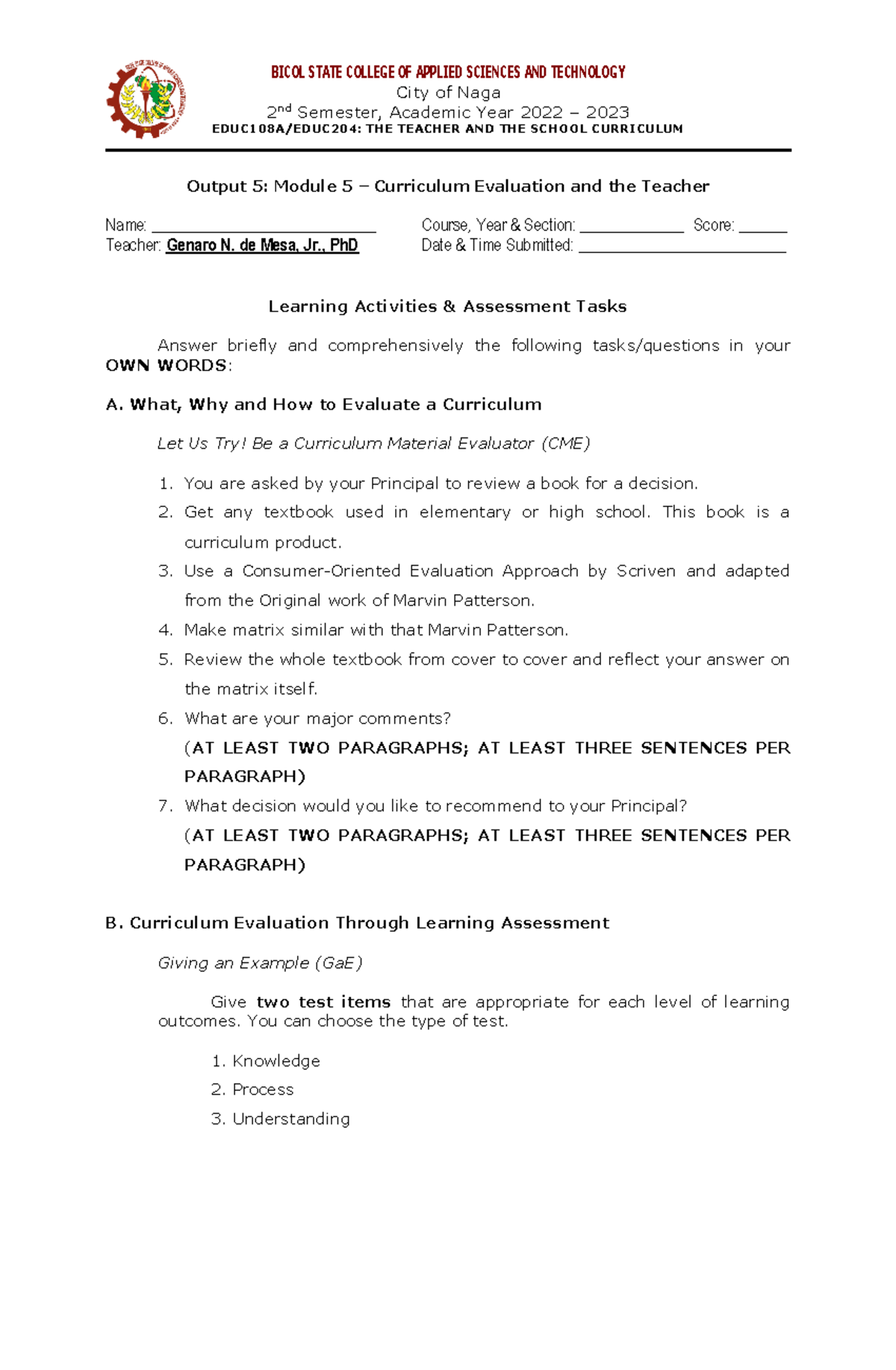 EDUC108A/EDUC204: Output 5 - Module 5 on Curriculum Evaluation - Studocu