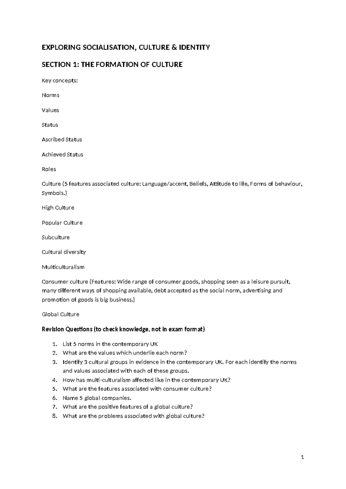 Culture Identity Revision checklist - EXPLORING SOCIALISATION, CULTURE ...