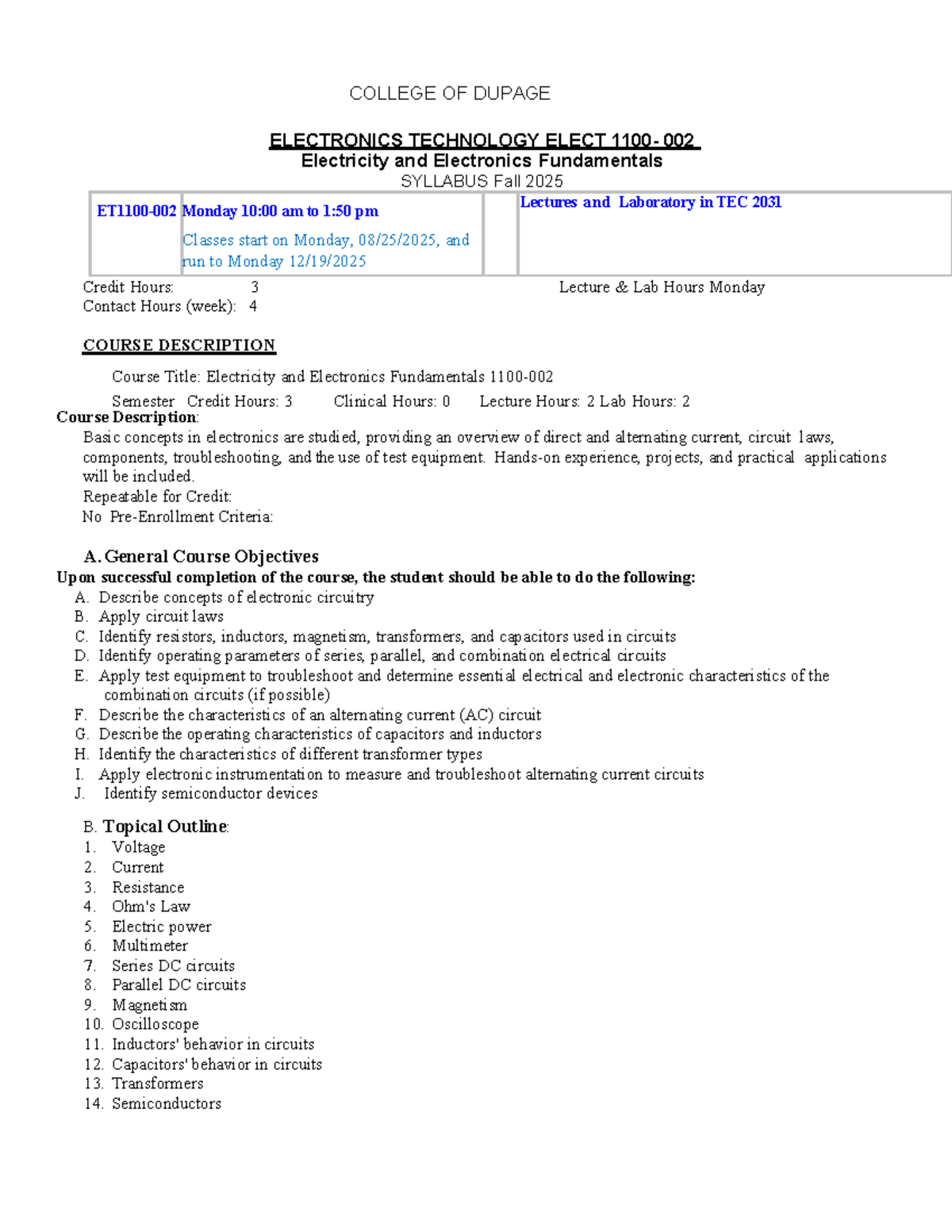 ELECT 002 Syllabus: Electricity and Electronics Fundamentals Fall 2025 - Studocu