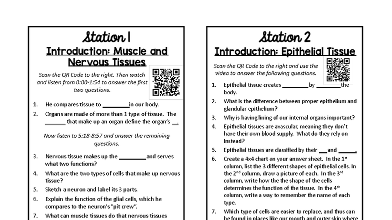 Lab Stations: Tissues Overview with QR Codes - Studocu