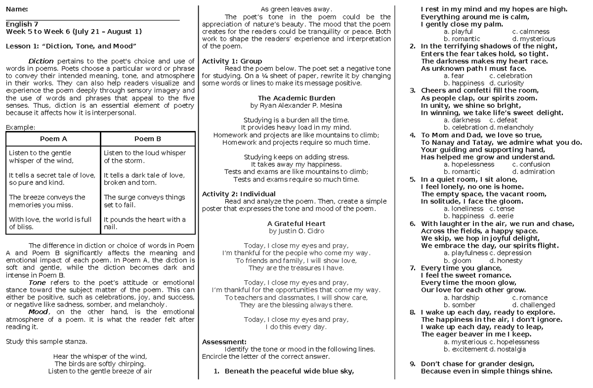 English 7 Week 5-6 Lesson 1: Exploring Tone and Diction in Poetry - Studocu