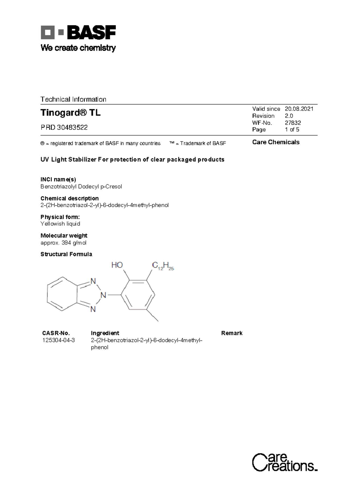 Technical Info on BASF UV Light Stabilizer TL PRD 30483522 - Studocu