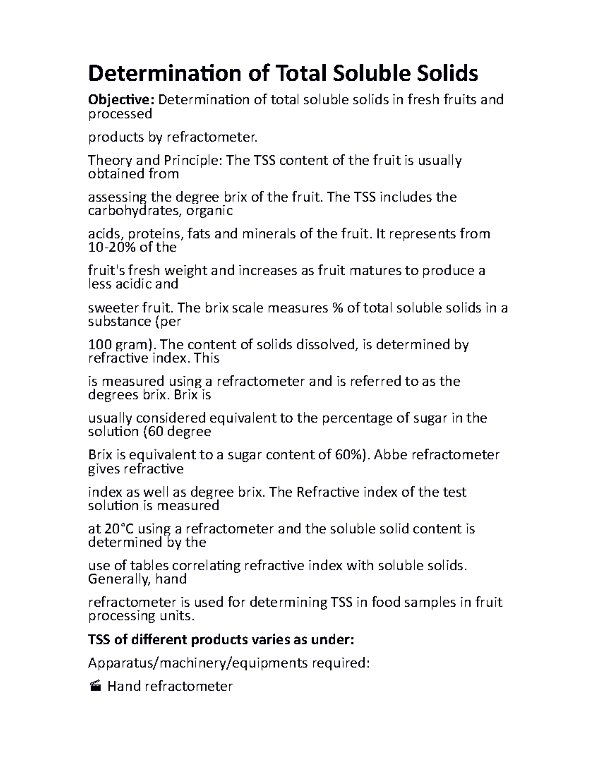 Determination of Total Soluble Solids & Moisture Content in Fruits ...